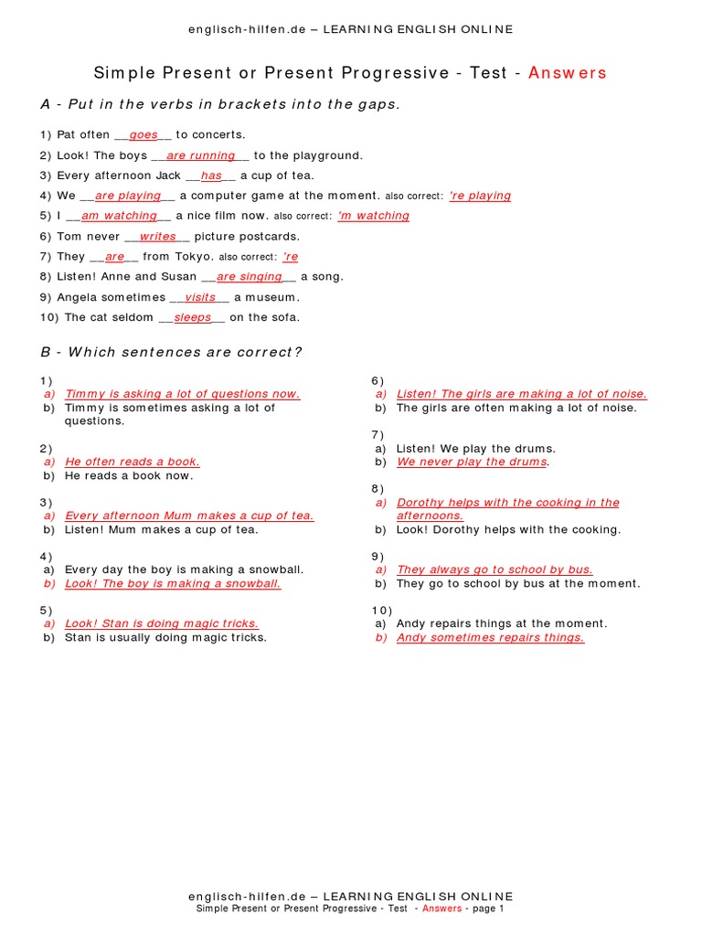 Present Progressive Tense Exercises | PDF | Linguistic Typology ...