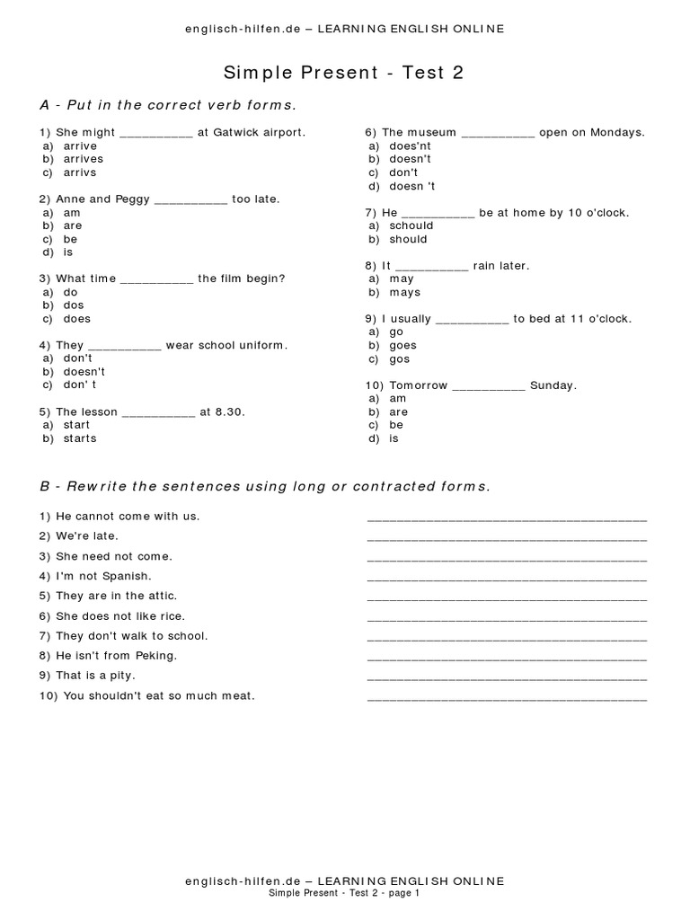 Simple Present - Test 2: A - Put in The Correct Verb Forms | PDF