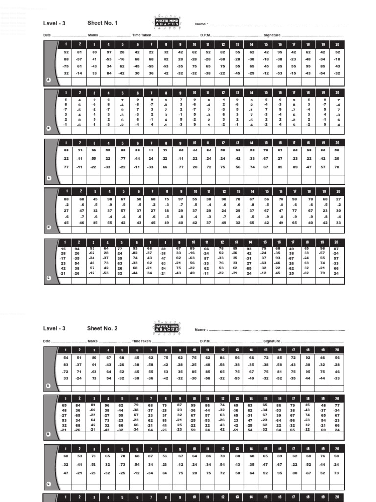 Master Mind Abacus Level 3 Practice Sheet | PDF | Teaching Mathematics