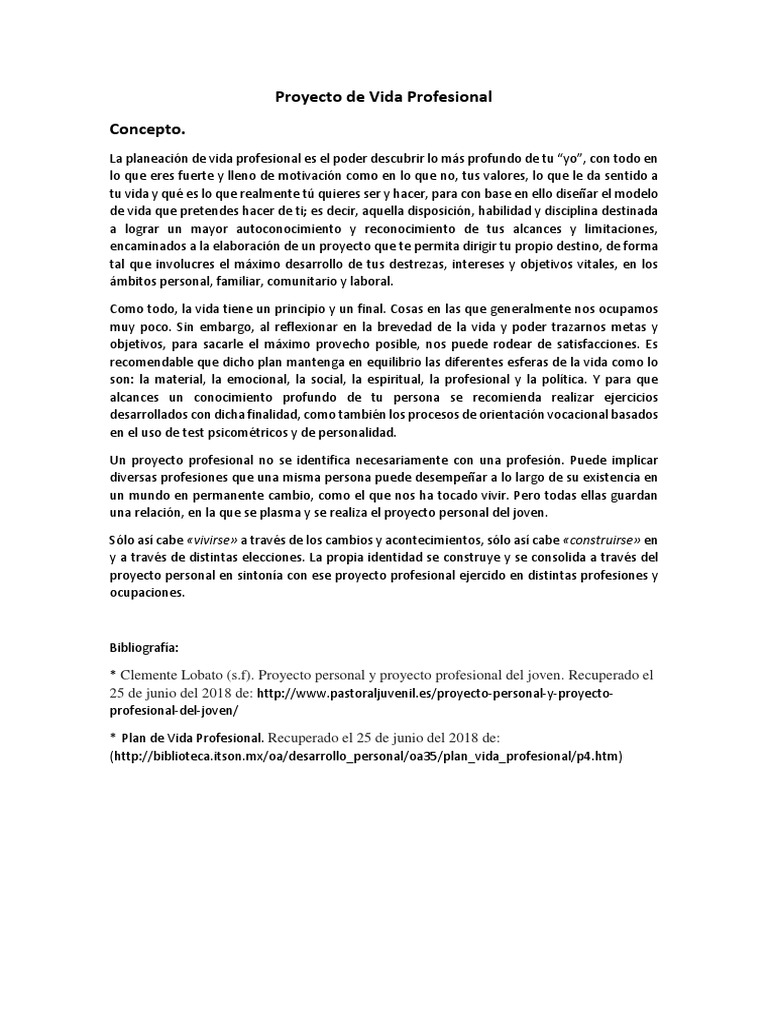 Proyecto de Vida Profesional-concepto | Planificación | Sicología y ...