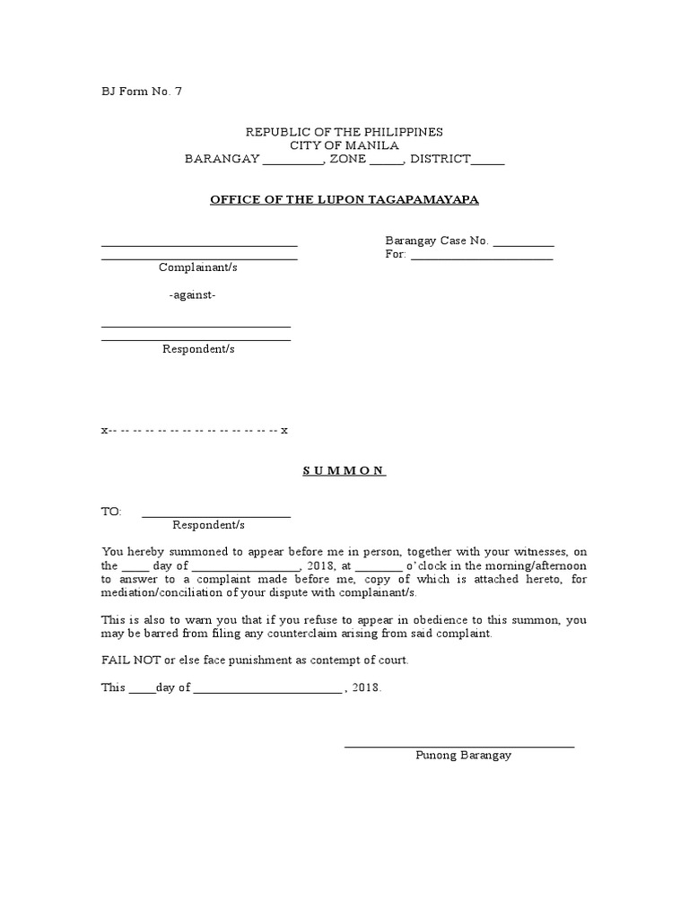 Barangay Mediation Summons | PDF