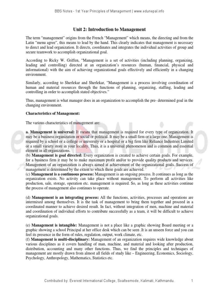 Unit 2: Introduction To Management: BBS Notes - 1st Year Principles of ...