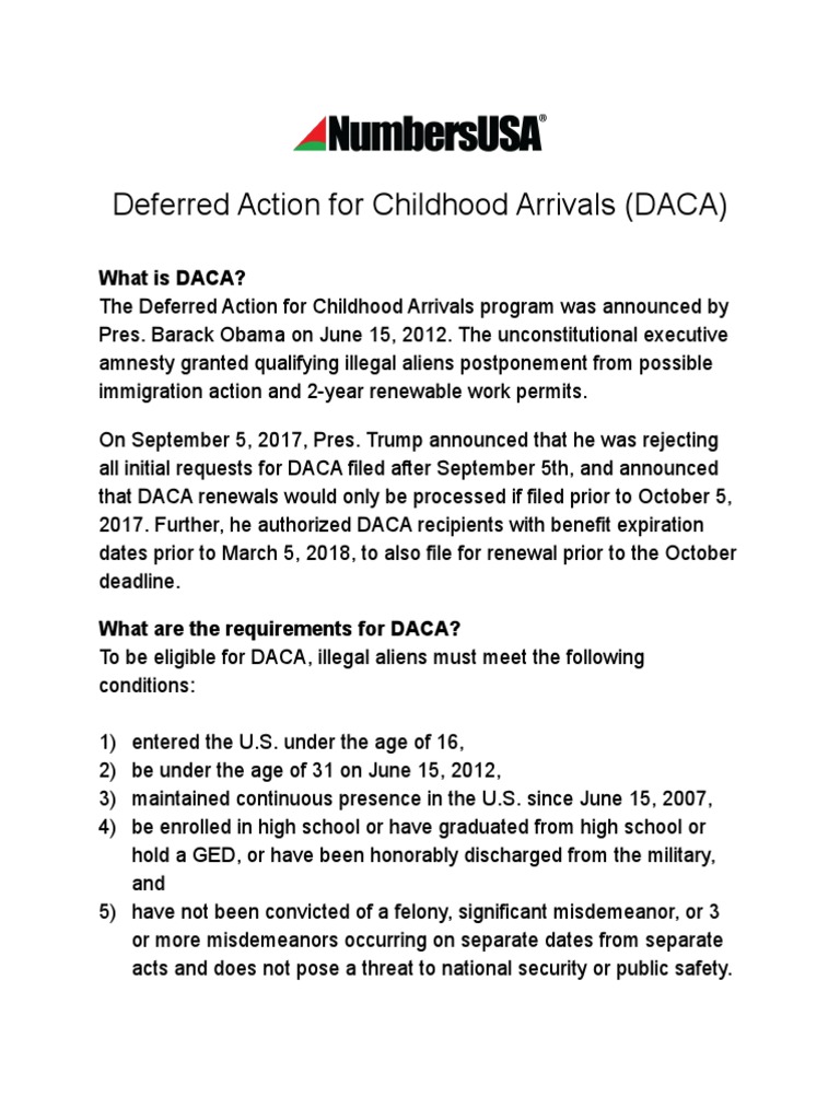 Immigration - NumbersUSA - DACA Factsheet | PDF