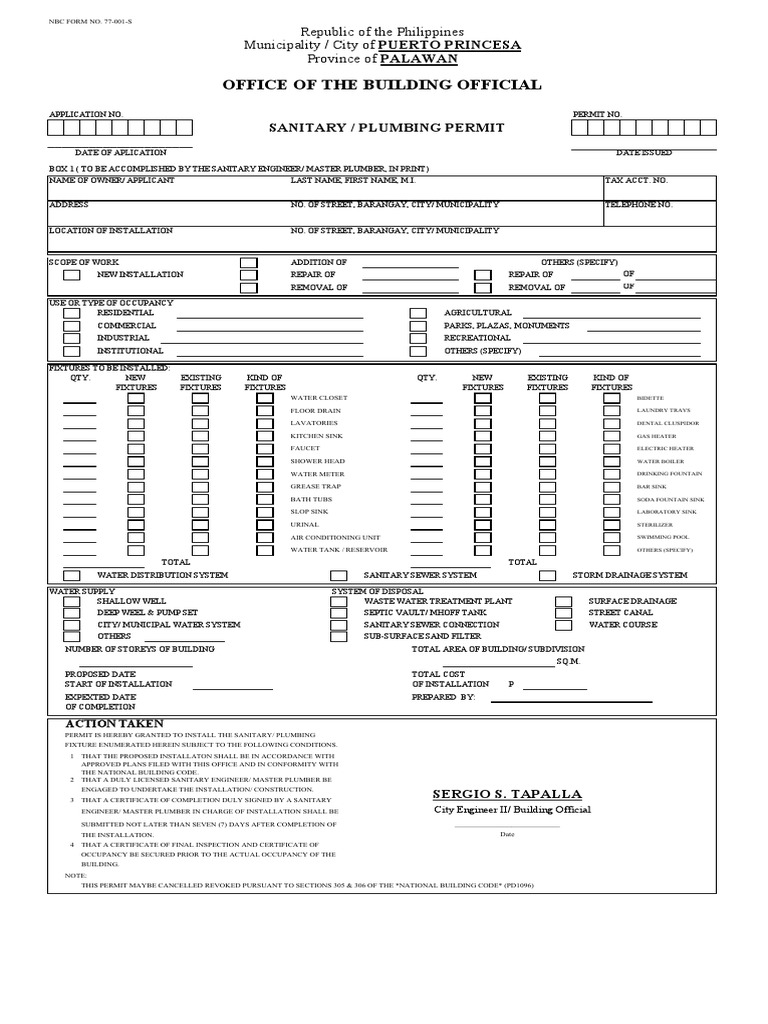 3_ NBC Form No_ 77-001-S - Sanitary Plumbing Permit | Plumbing | Sink
