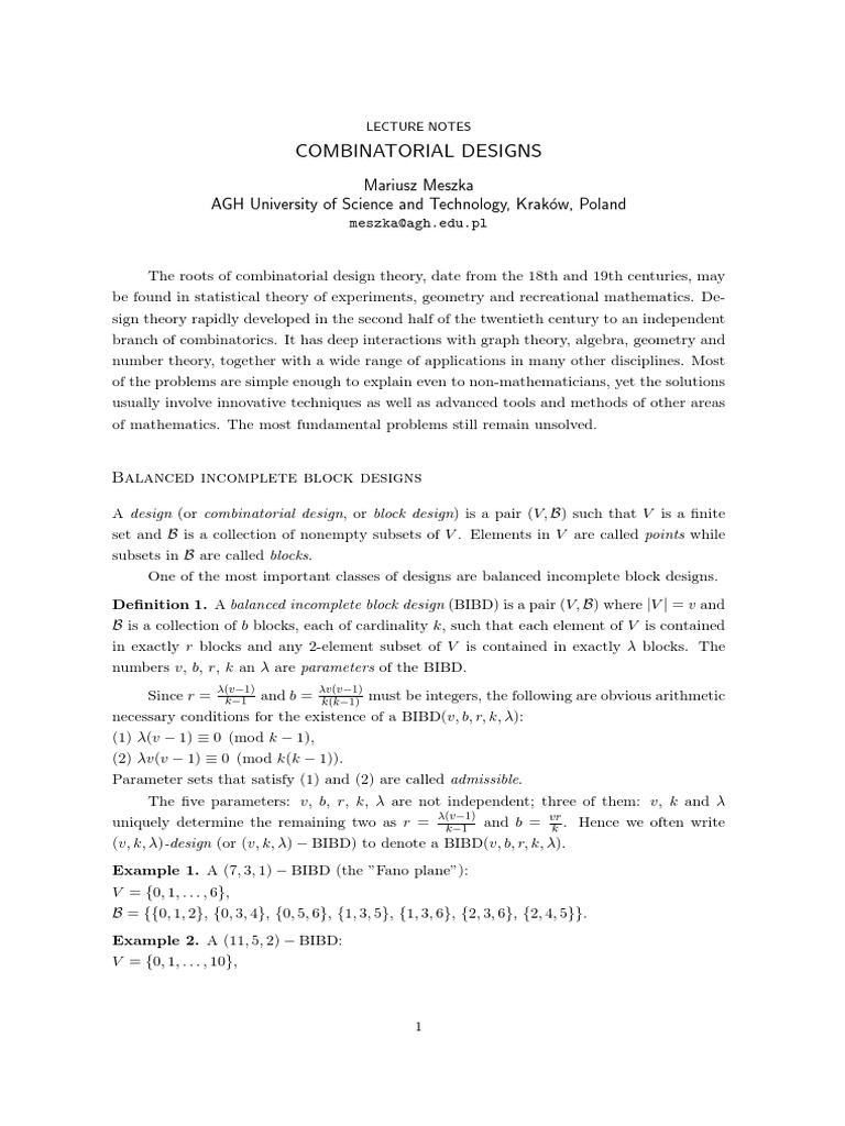 Combinatorial Designs | PDF | Combinatorics | Algebra