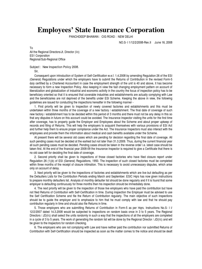 ESIC New Inspection Policy 2008 | PDF | Employment | Social Institutions