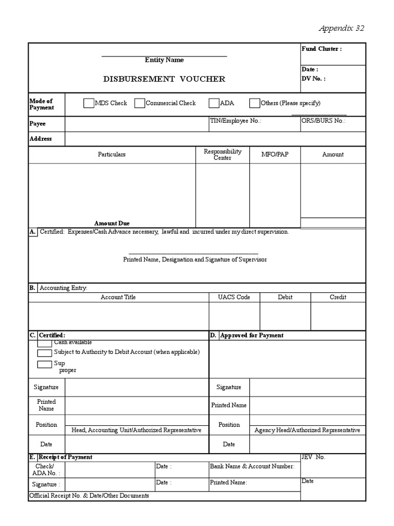 Appendix 32 Disbursement Voucher | PDF | Cheque | Payments