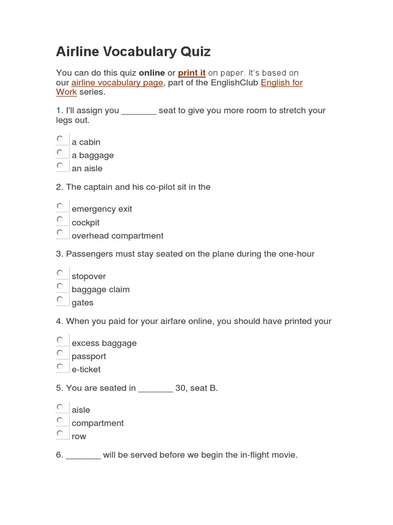 Airline Vocabulary Quiz | PDF
