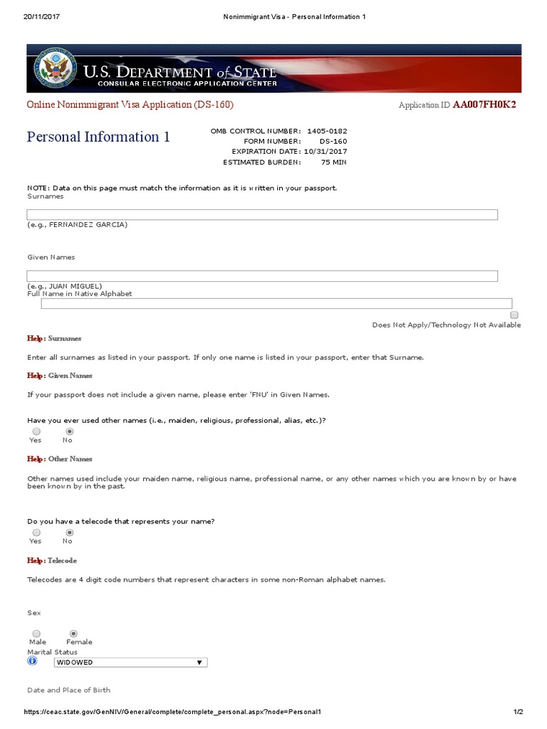 Formulario DS160 1 | PDF | Travel Visa | Passport