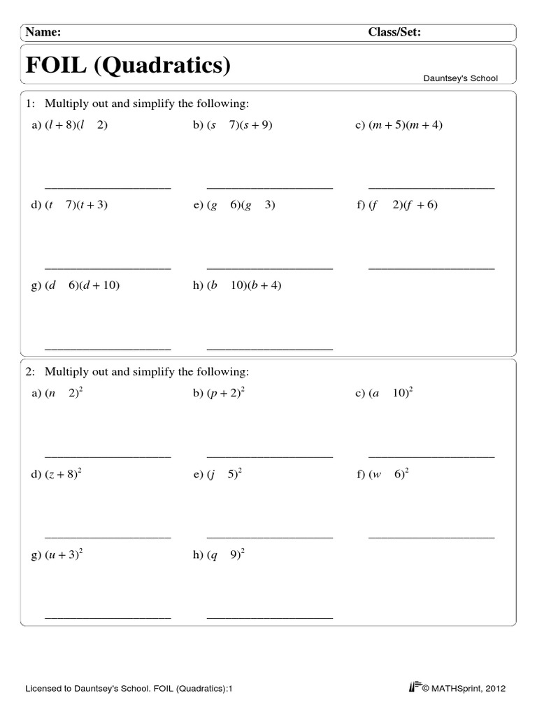 FOIL (Quadratics) : Name: Class/Set | PDF | Teaching Methods ...