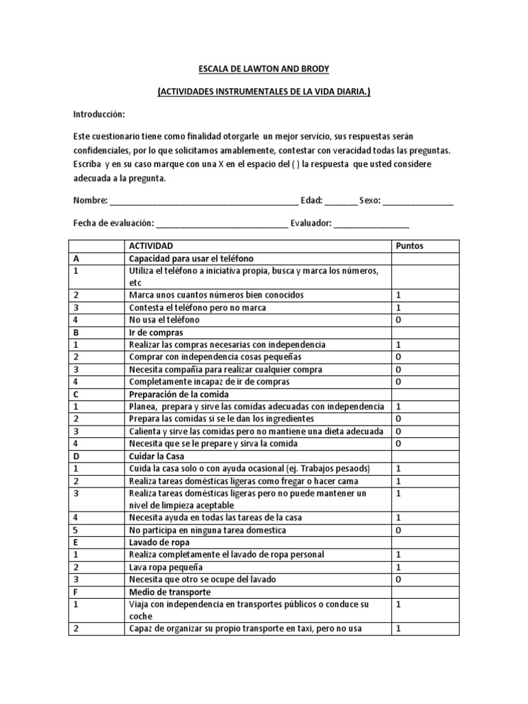 Escala de Lawton and Brody PDF | PDF | Transporte | Business