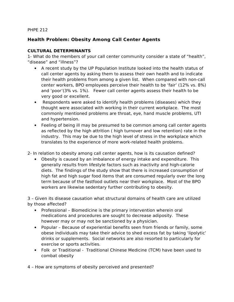 Obesity Among Call Center Agents | PDF | Obesity | Determinants Of Health