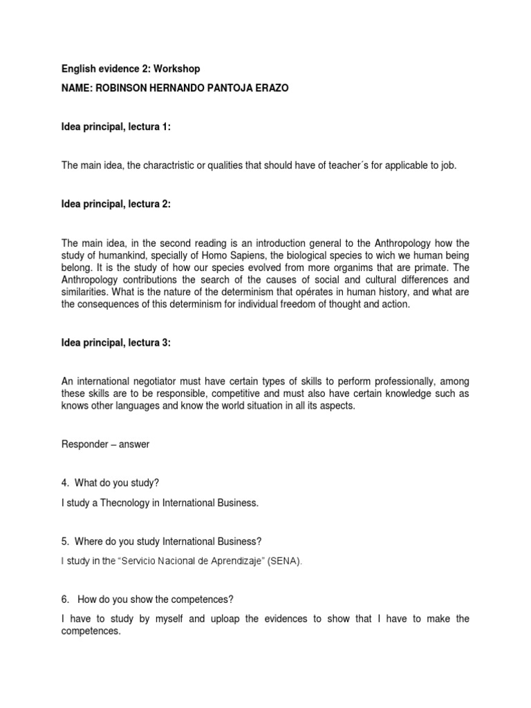 English Evidence 2: Workshop Name: Robinson Hernando Pantoja Erazo | PDF