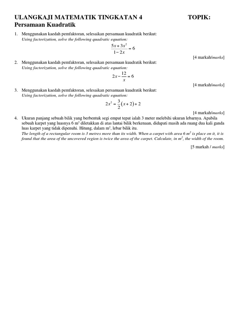 Ulangkaji Matematik Tingkatan 4 (Persamaan Kuadratik) | PDF