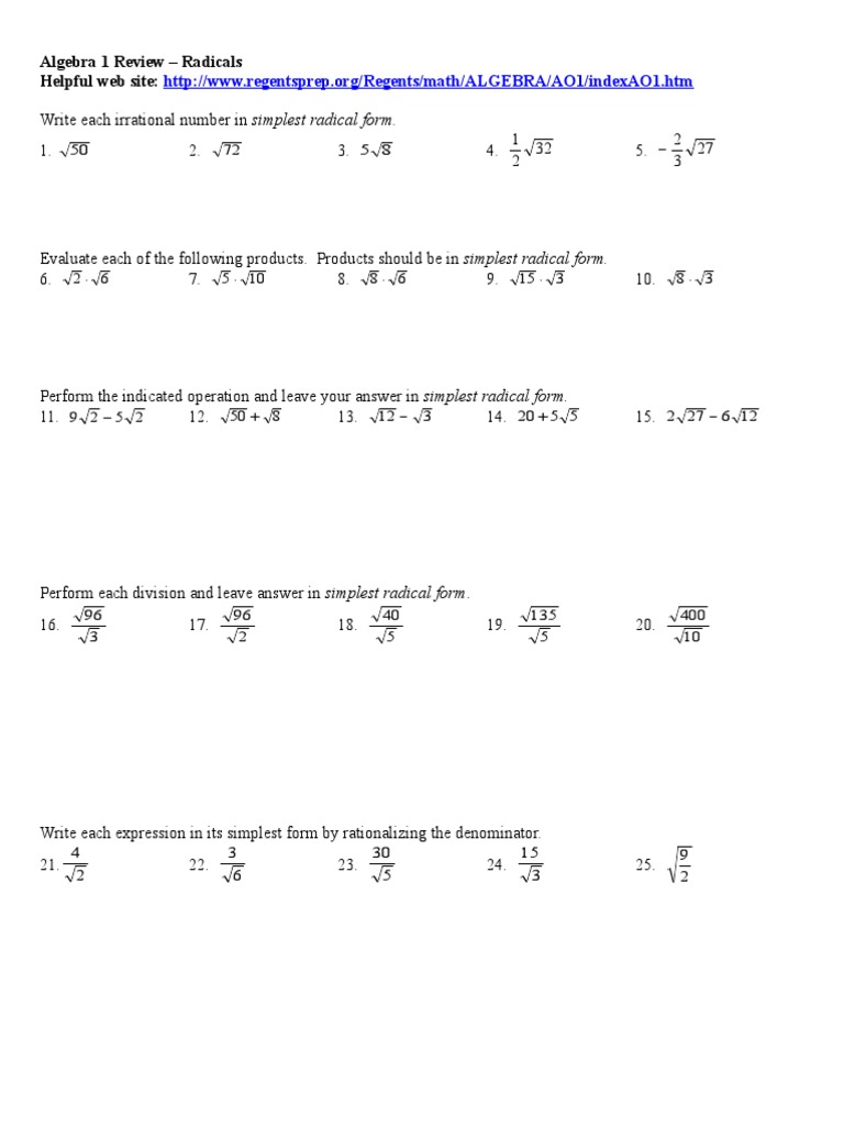 Algebra 1 Review - Radicals Helpful Web Site | PDF | Technology ...