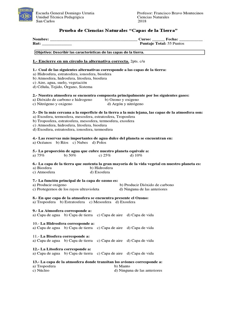 Prueba Capas de La Tierra | PDF | Atmósfera de tierra | Atmósfera