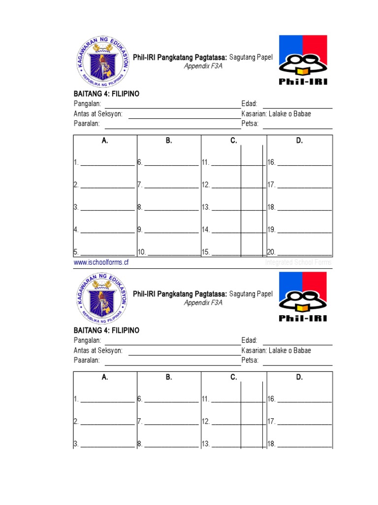 Phil IRI Answer Sheet Grade 4 English and Filipino