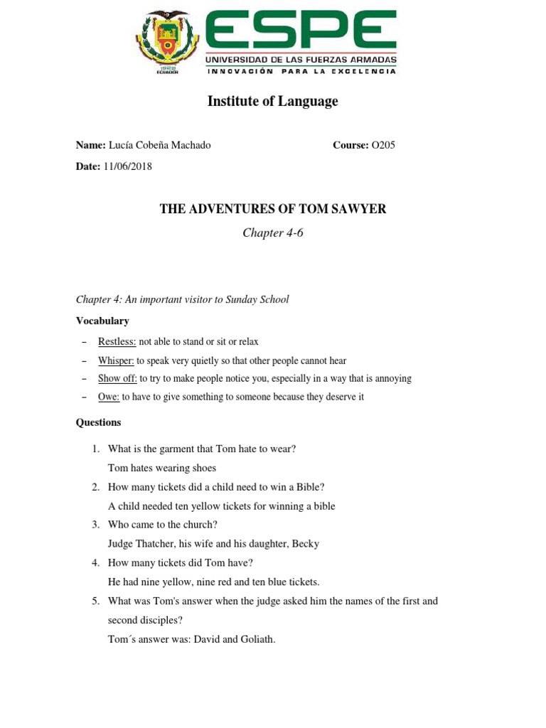 Tom Sawyer Chapters 4-6 Summary | PDF