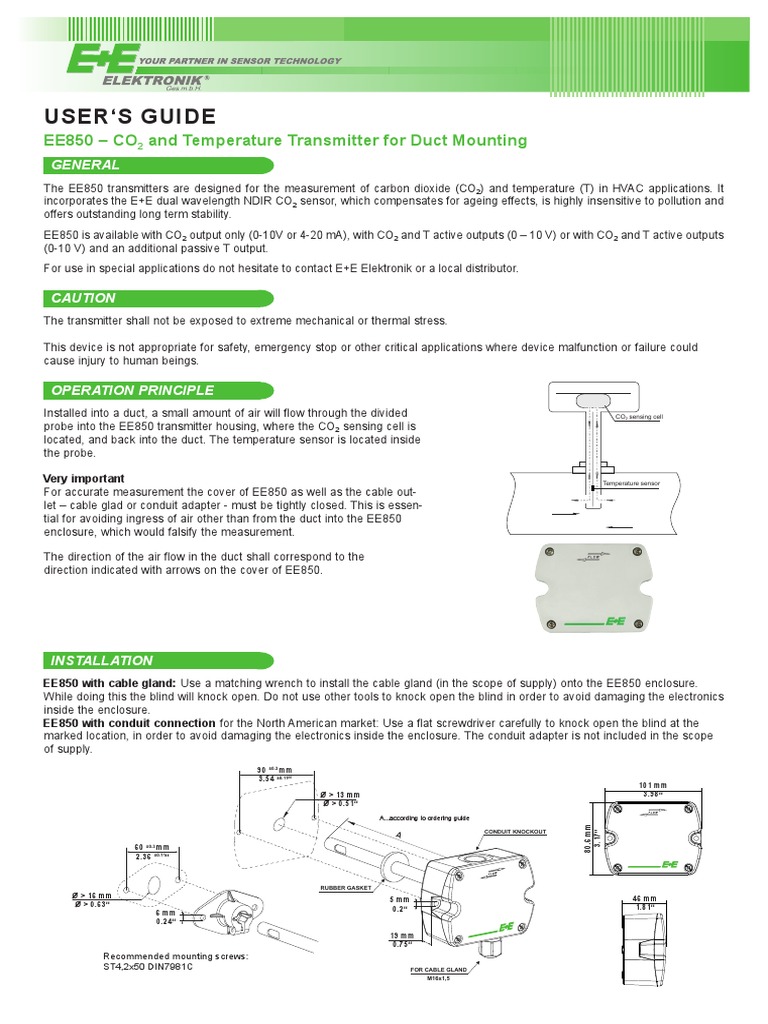 User's Guide for the EE850 CO2 and Temperature Transmitter for Duct Mounting: Operation ...