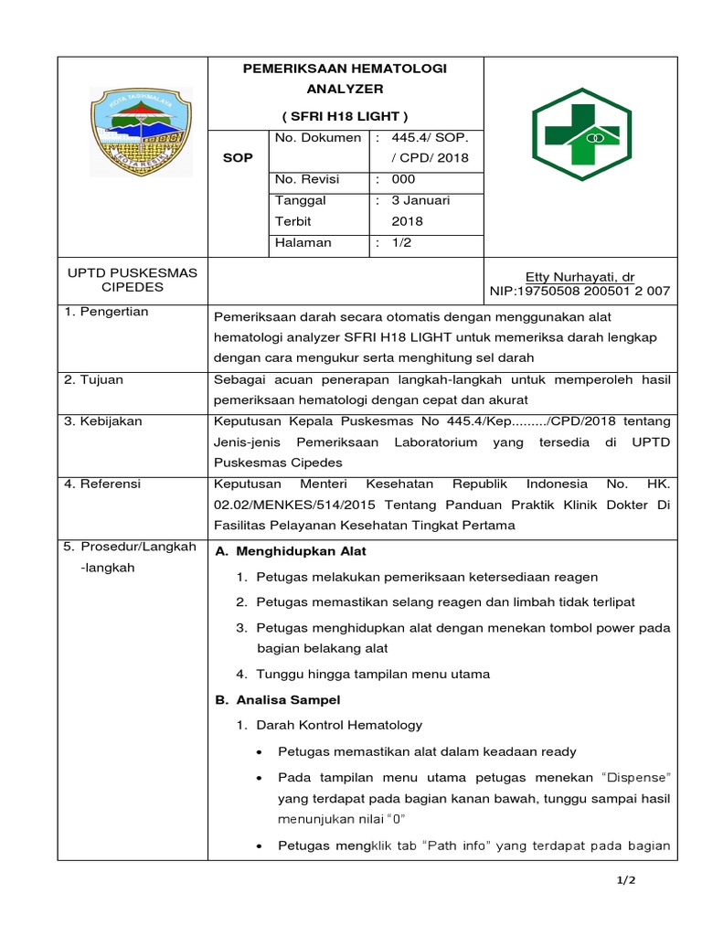 01 Sop Pemeriksaan Hematology Analyzer | PDF