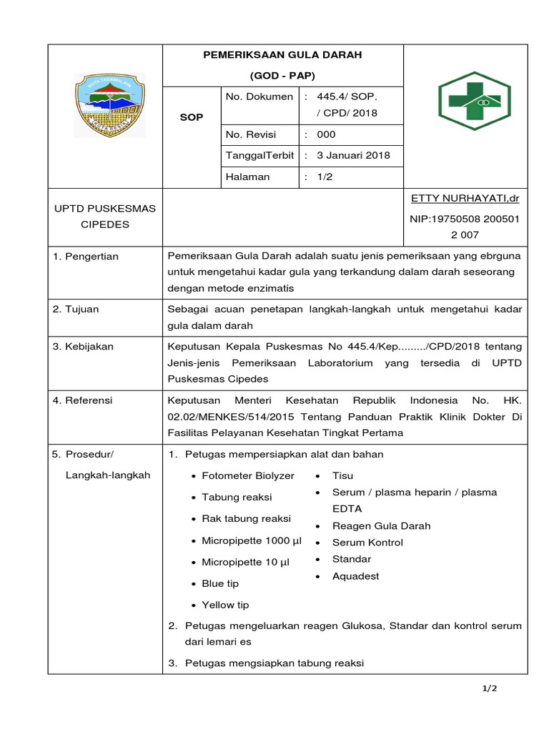 05 Sop Pemeriksaan Gula Darah (Metode Fotometer) | PDF
