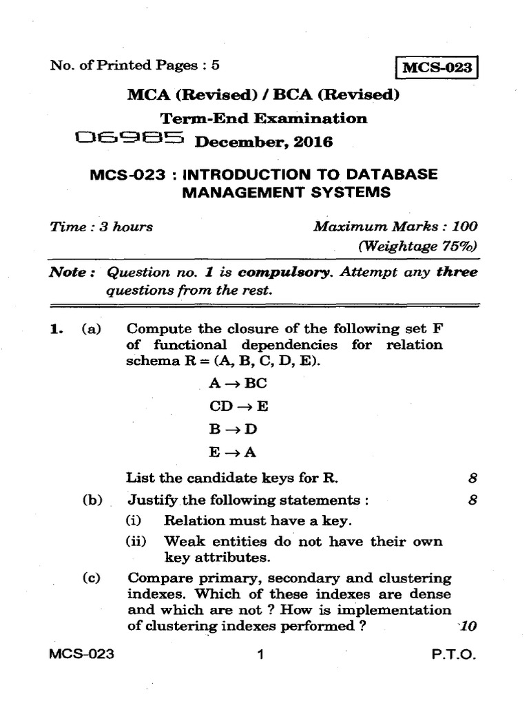 MCS-023 MCA (Revised) / BCA (Revised) Term-End Examination CL 6 (35 December, 2016 MCS-023 | PDF ...