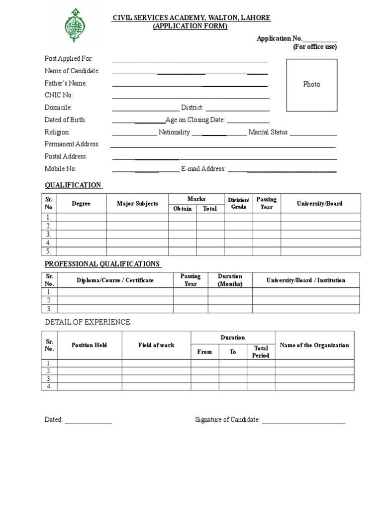 Photo: Civil Services Academy, Walton, Lahore (Application Form ...