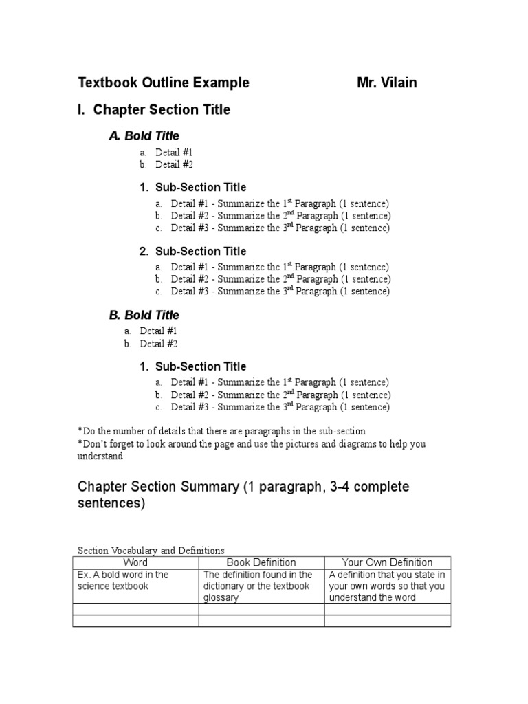 Textbook Outline Example Mr. Vilain I. Chapter Section Title | PDF