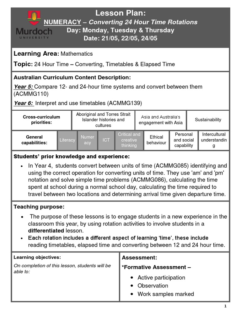 24 Hour Time Rotations Lesson Plan | PDF | Behaviorism | Psychotherapy