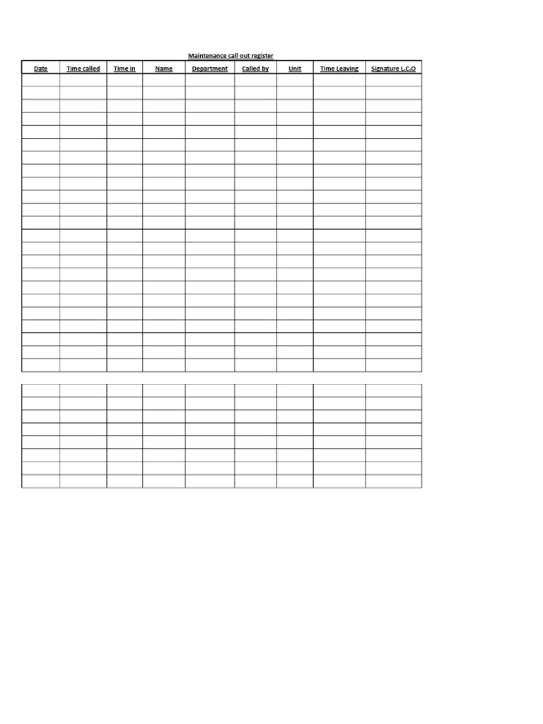 Maintenance Call Out Register | PDF