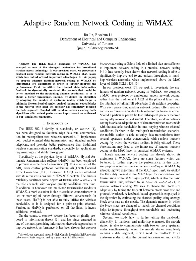 Adaptive Random Network Coding in WiMAX: Improving Performance Through ...