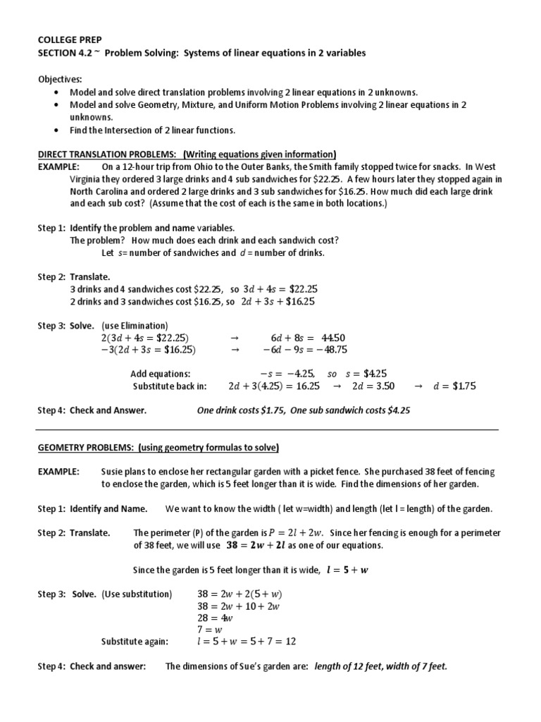 College Prep SECTION 4.2 Problem Solving: Systems of Linear Equations ...