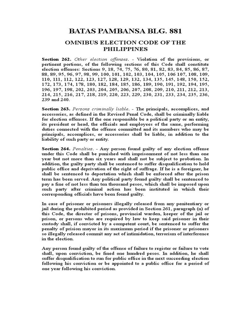 Batas Pambansa Blg. 881: Omnibus Election Code of The Philippines | PDF ...
