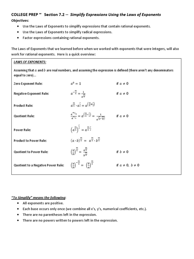 COLLEGE PREP Section 7.2 - Simplify Expressions Using The Laws of ...