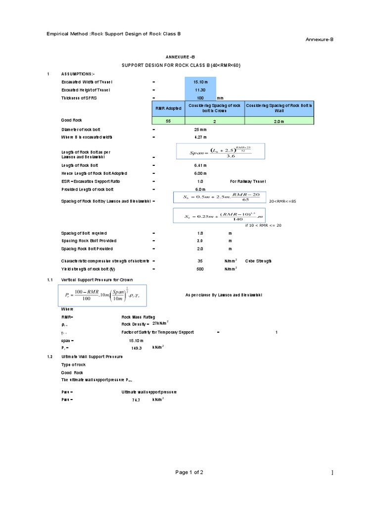 ANNEXURE-B - Empirical Design of Rock Class B NEW | PDF | Tunnel | Screw