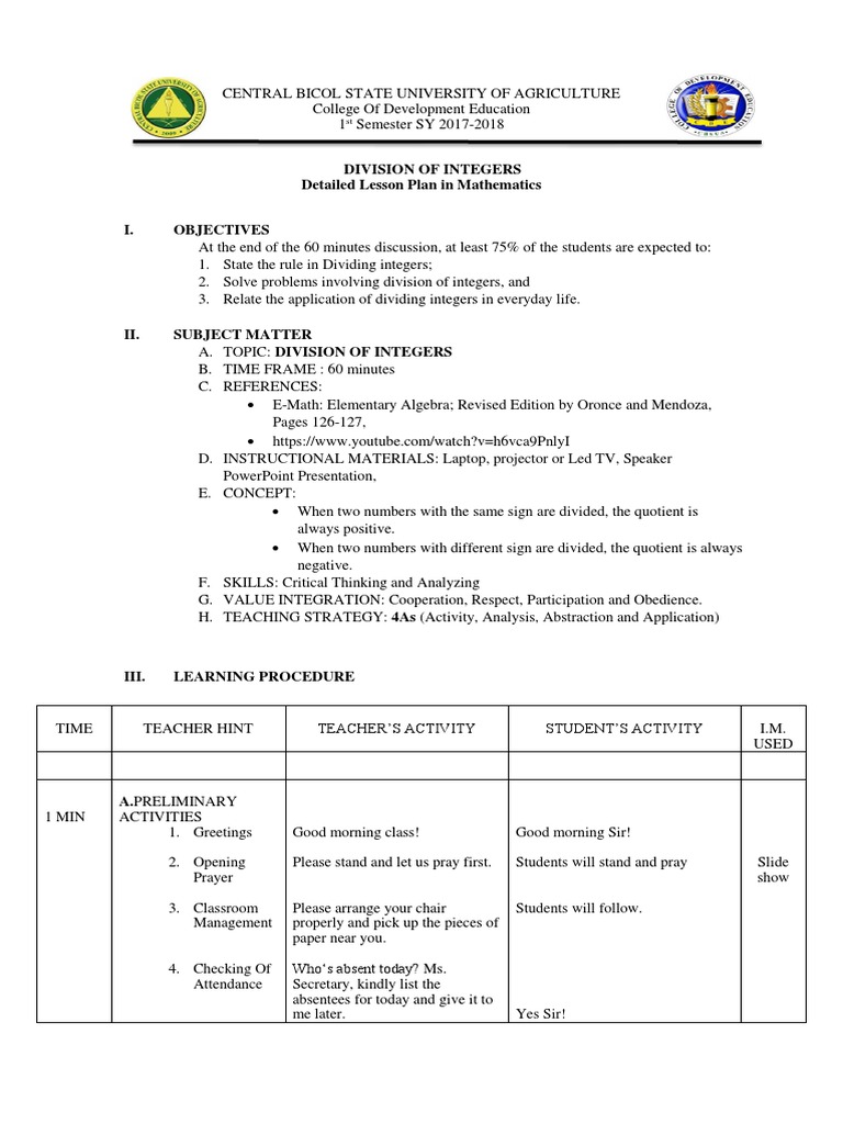 Division of Integers Detailed Lesson Plan in Mathematics | Download ...