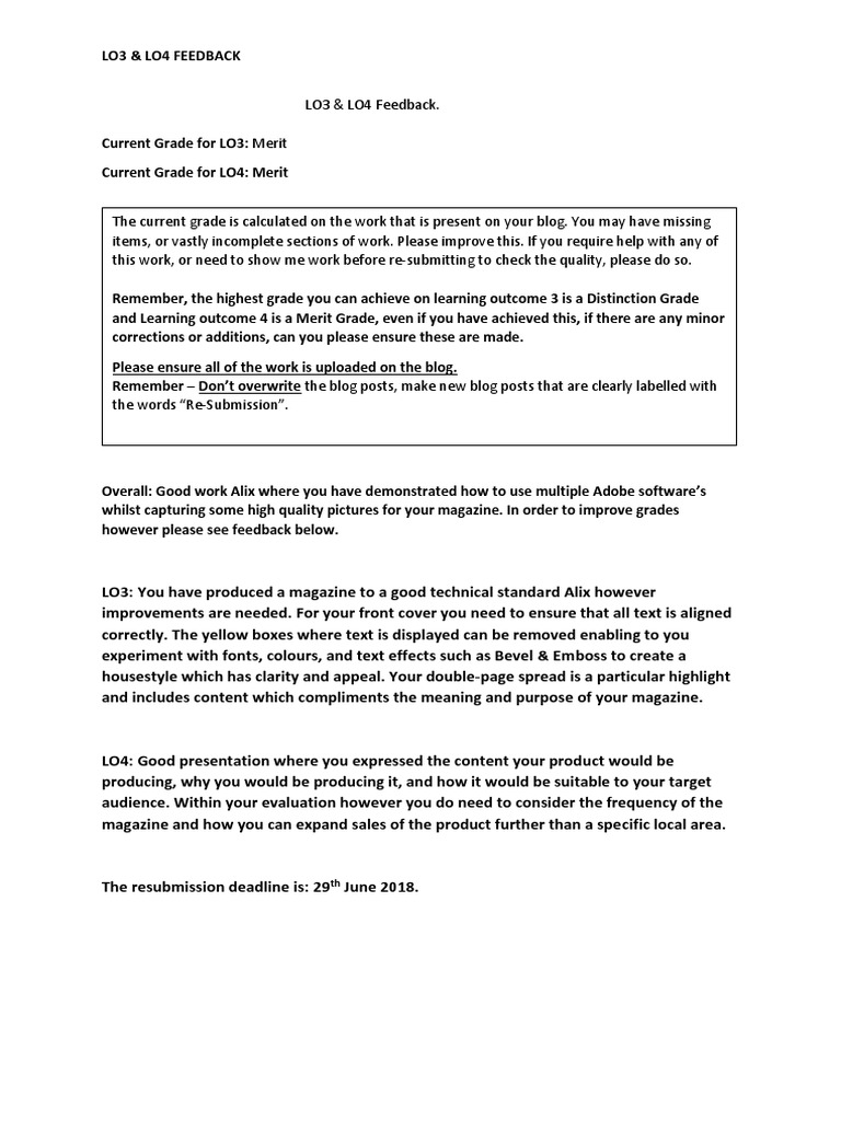 Alix Rodger Lo3 Lo4 Feedback | PDF