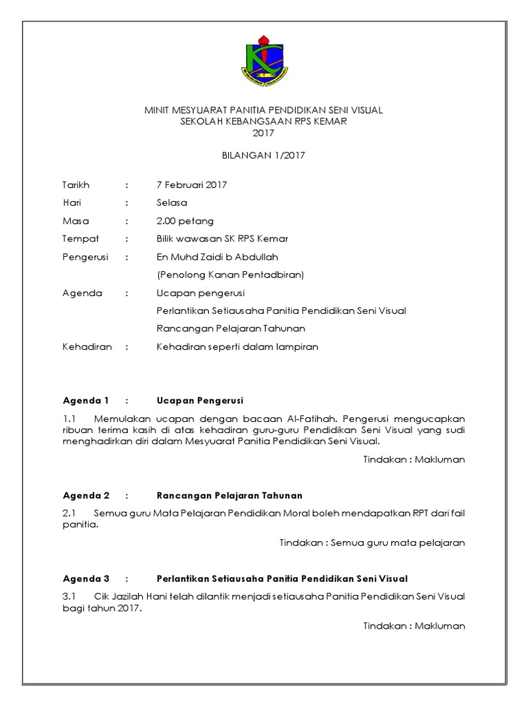Minit Mesyuarat Panitia Pendidikan Seni Visual | PDF