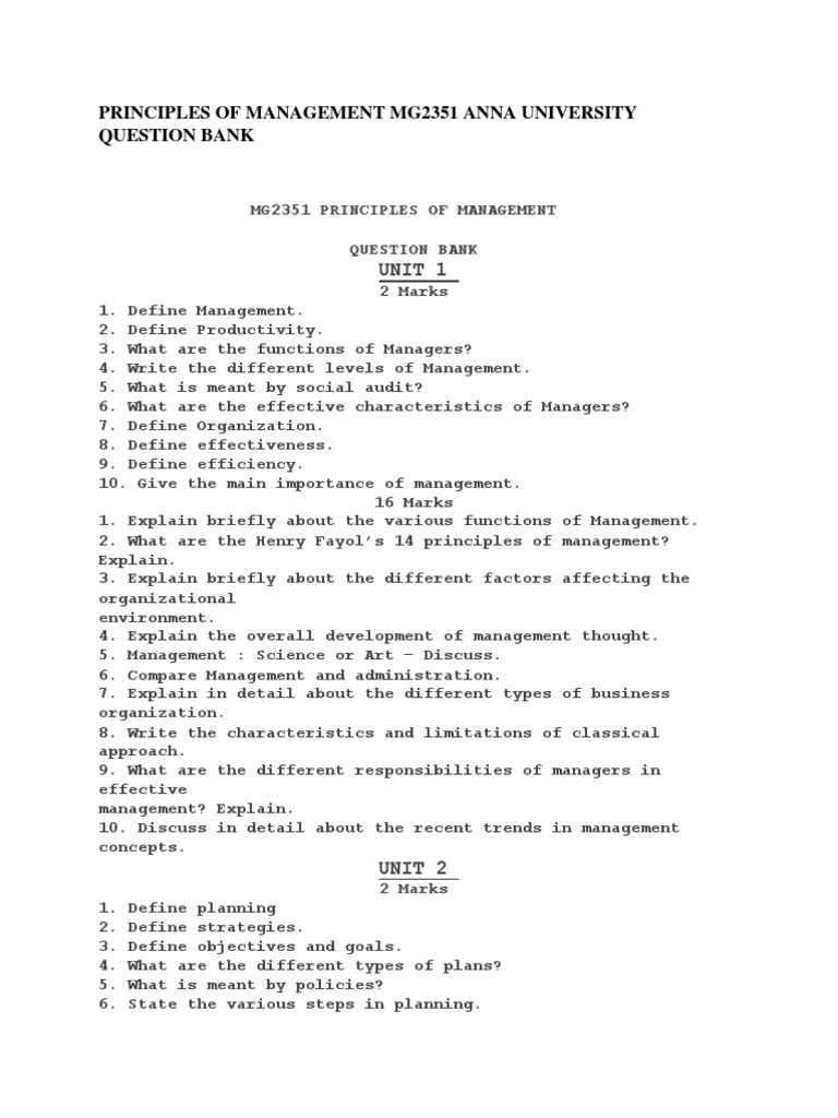 Principles of Management Mg2351 Anna University Question Bank | PDF ...