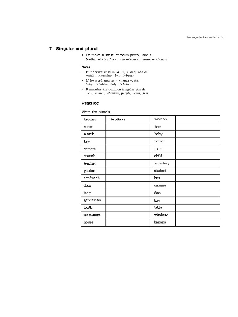 7 Singular and Plural: Brother - Brothers Car - Cars House - Houses ...