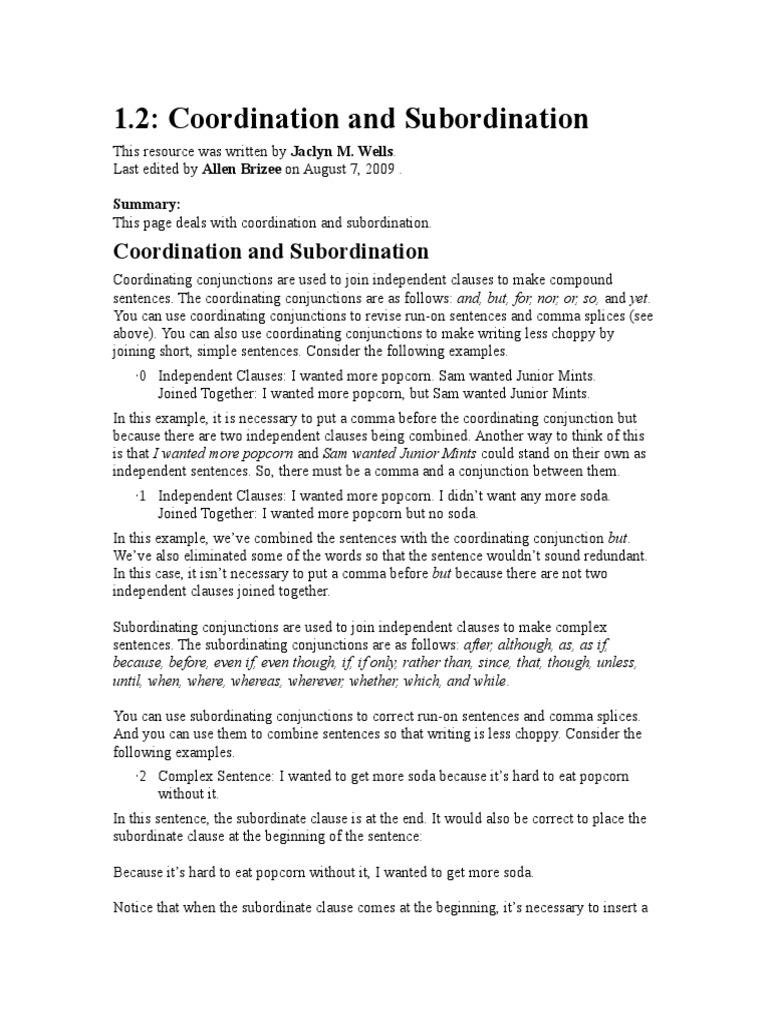 Coordination And Subordination Pdf English Grammar Syntax