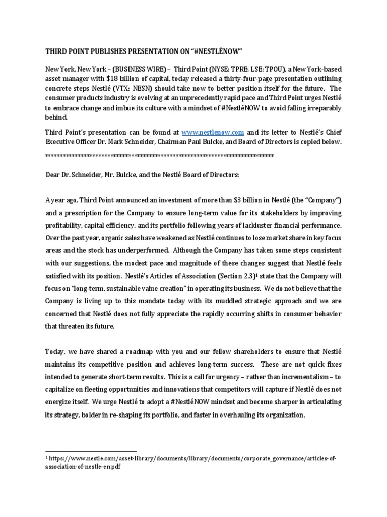 Third Point LLC's Letter To Nestle | PDF | Nestlé | Mergers And ...