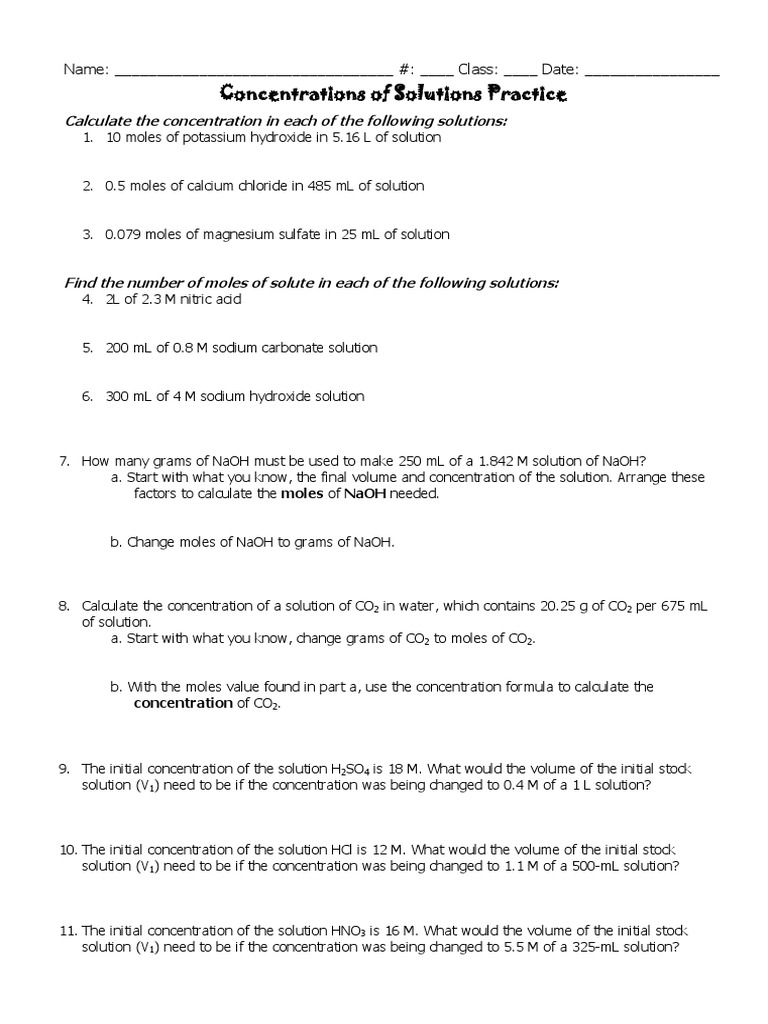 Concentrations of Solutions Practice | PDF