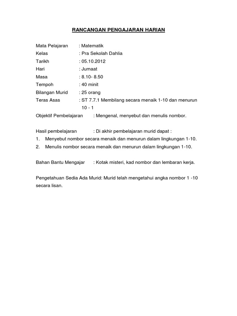 RPH Pra Sekolah Math | PDF