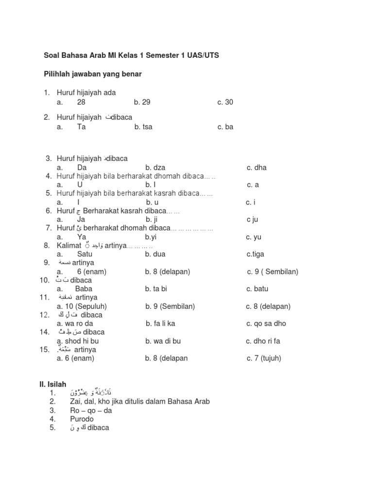Soal Bahasa Arab MI Kelas 1 Semester 1 UAS | PDF