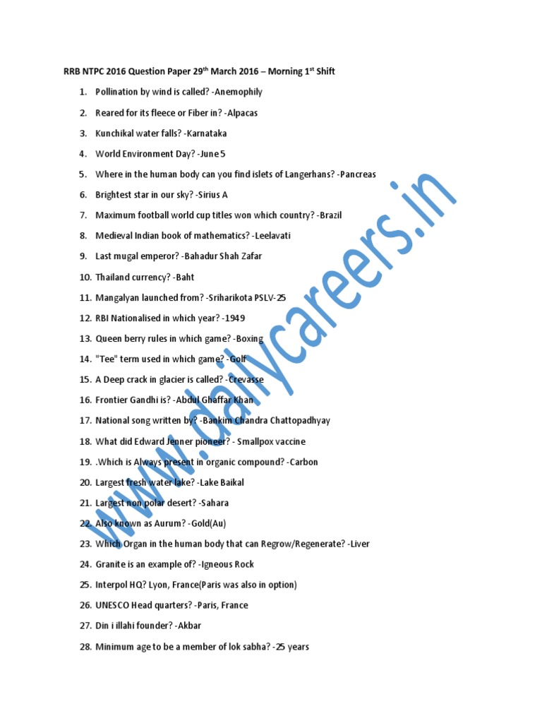 RRB NTPC Question Paper | PDF | Nature