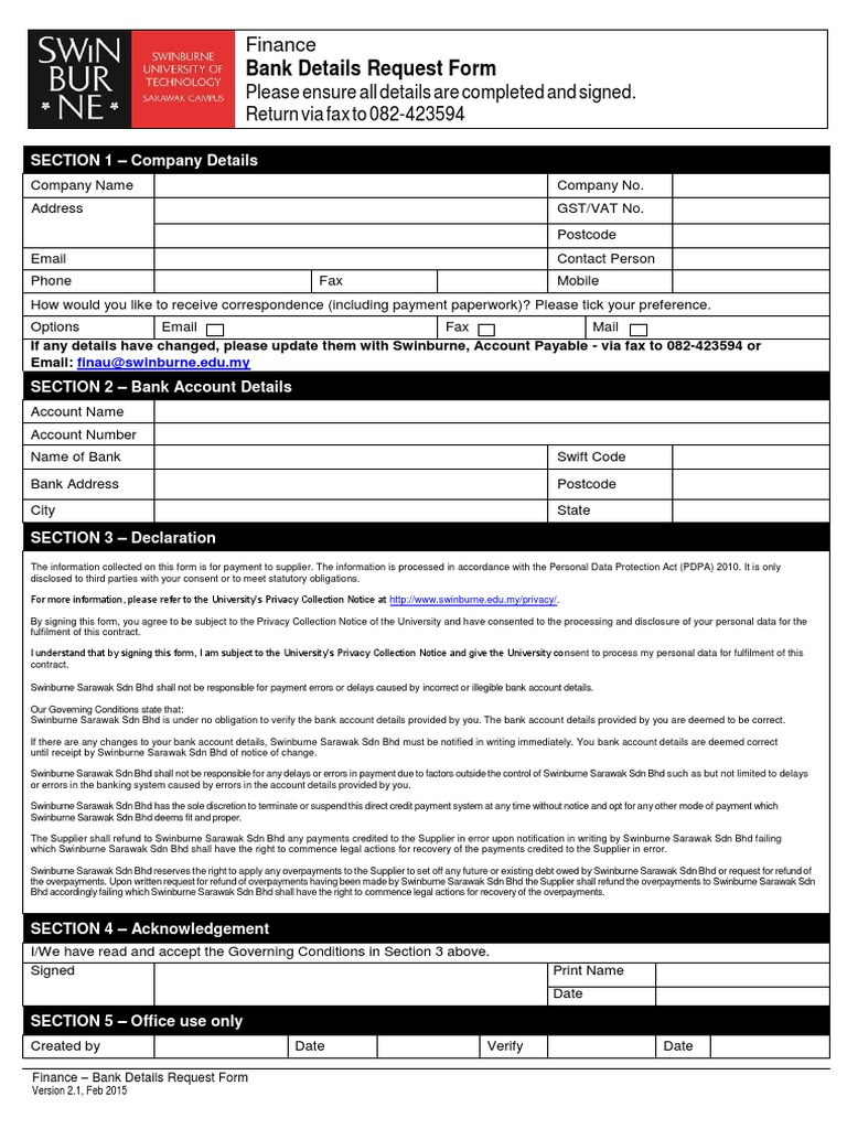 Bank Details Request Form (New) | PDF | Privacy | Personally ...