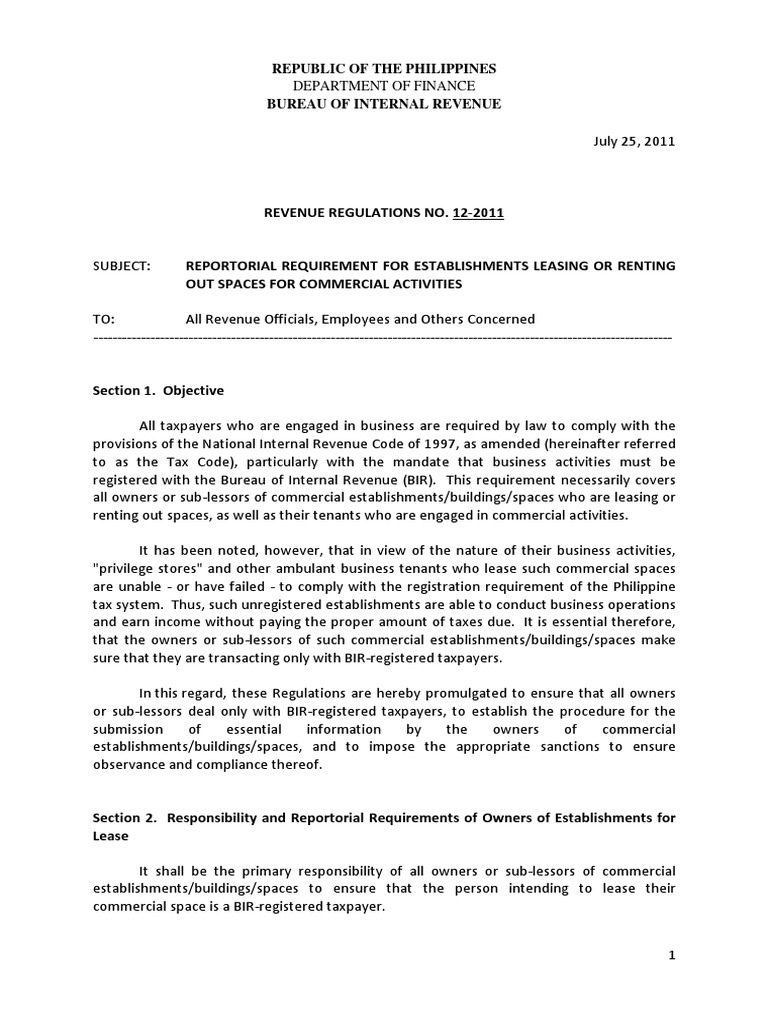 IT - RR 12-2011 LESSOR Reportorial Requirements PDF | PDF | Lease ...