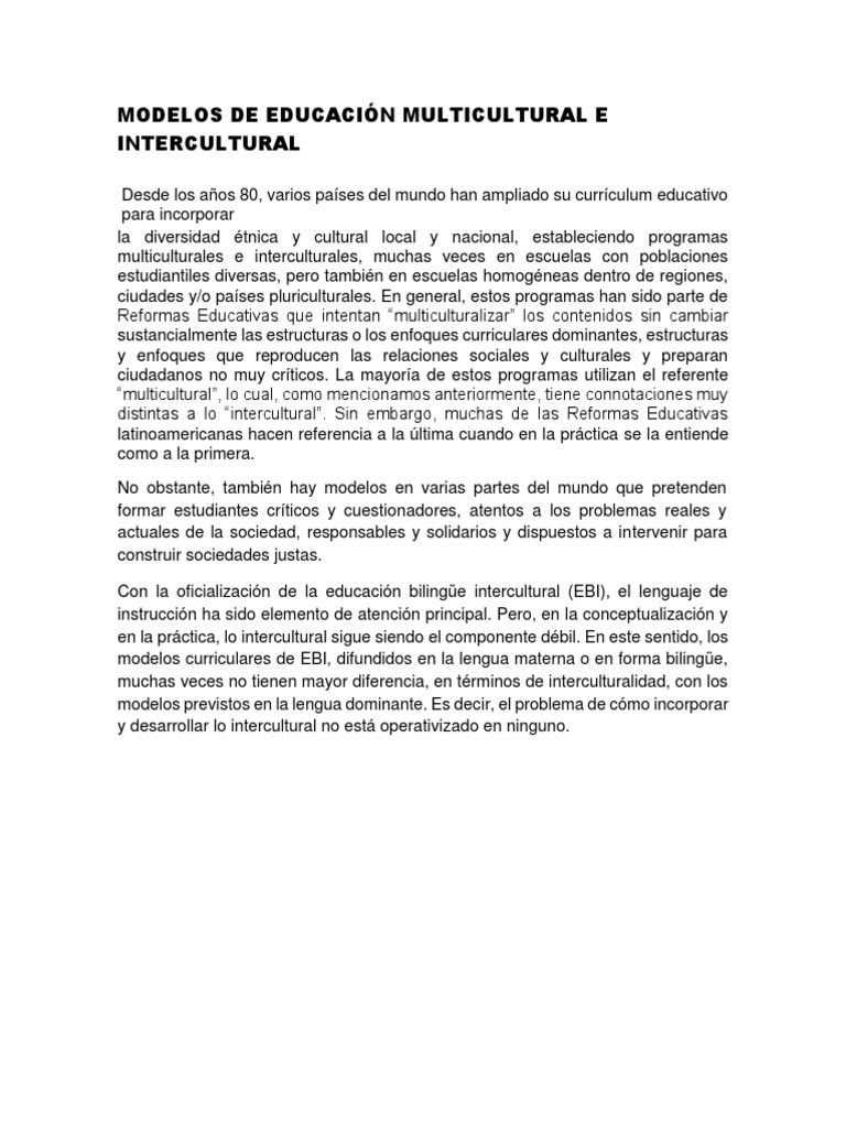 Modelos de Educación Multicultural e Intercultural | PDF