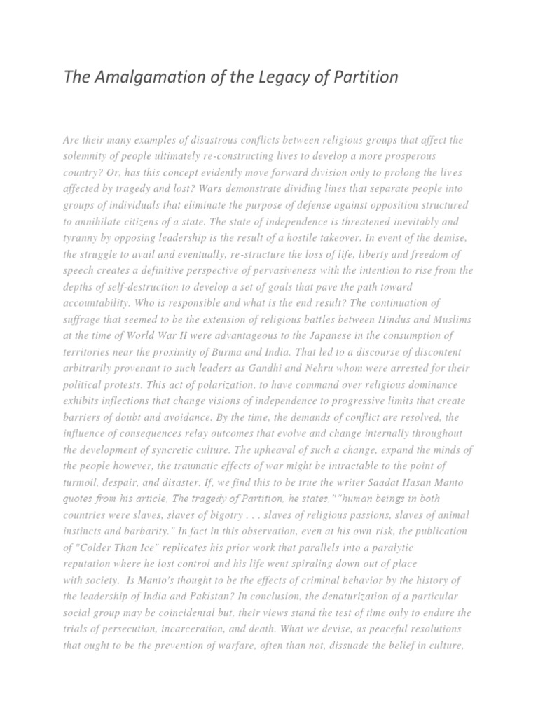The Amalgamation of The Legacy of Partition | PDF | Social Group ...